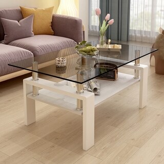 Rectangle Coffee Table, Tempered Glass Tabletop with MDF Layer, Modern Table for Living Room ...