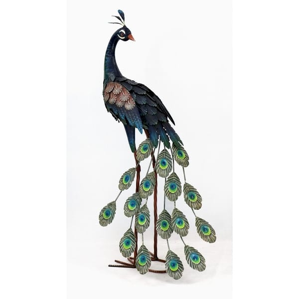 Metal Peacock With Tail Feathers Lowered Garden Sculpture - Bed Bath ...