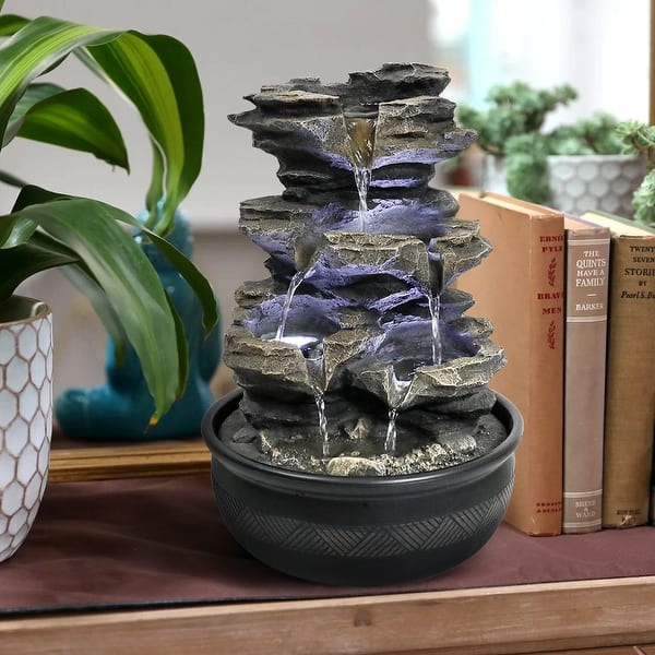 15.7in 4-Tier Cascading Rock Falls Tabletop Water Fountain w/LED Light ...