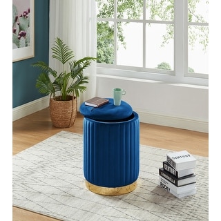 Navy Blue Velvet Channel-Tufted Round Storage Ottoman With Gold Base ...