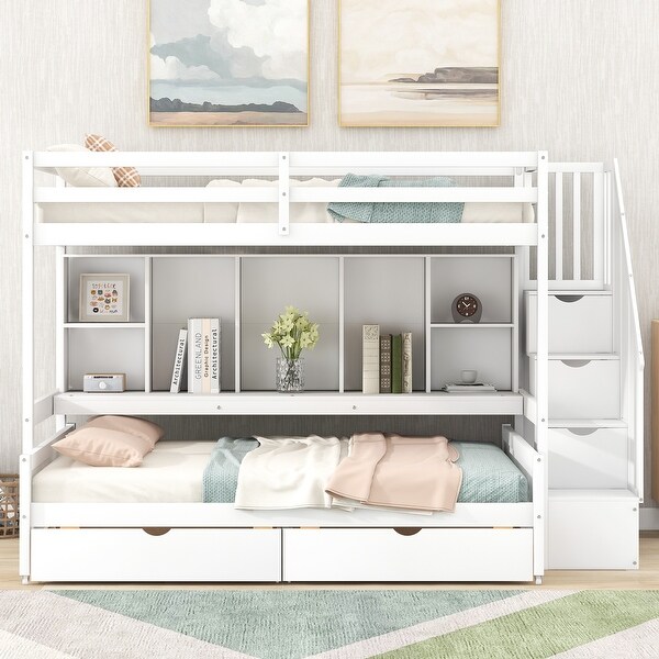 Modern Bunk Bed with Built in Storage Shelves Drawers and Staircase Bed Bath Beyond 37254094