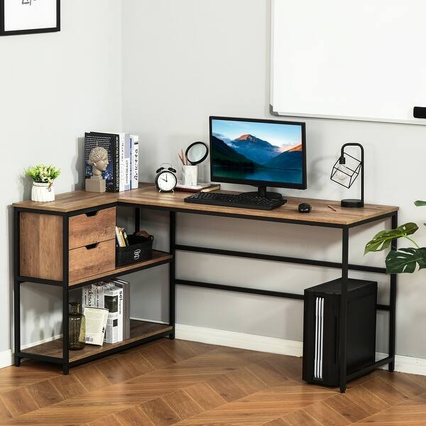 Industrial L-Shaped Computer Desk with Storage Shelves and 2 Dawers ...