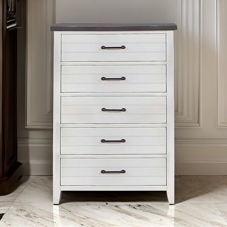 Akira 42 Inch Tall Dresser Chest, 5 Drawers, White Solid Wood, Gray Top ...