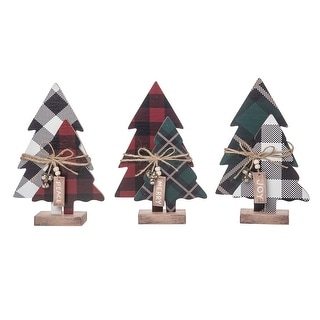 Transpac Wood 9.06 in. Multicolored Christmas Plaid Trees with Bells ...