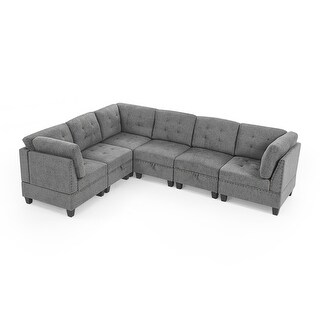 Chenille Combination Sofa L Shape Sectional Sofa w/Nailheads, Grey - Bed Bath & Beyond - 39970595