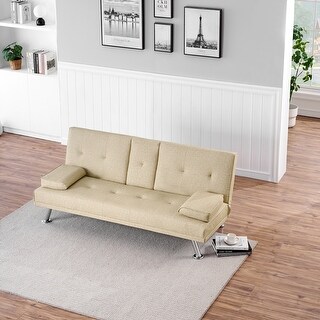 Beige/ PVC Folding Futon Sofa Bed with Removable Armrests & Cupholder ...