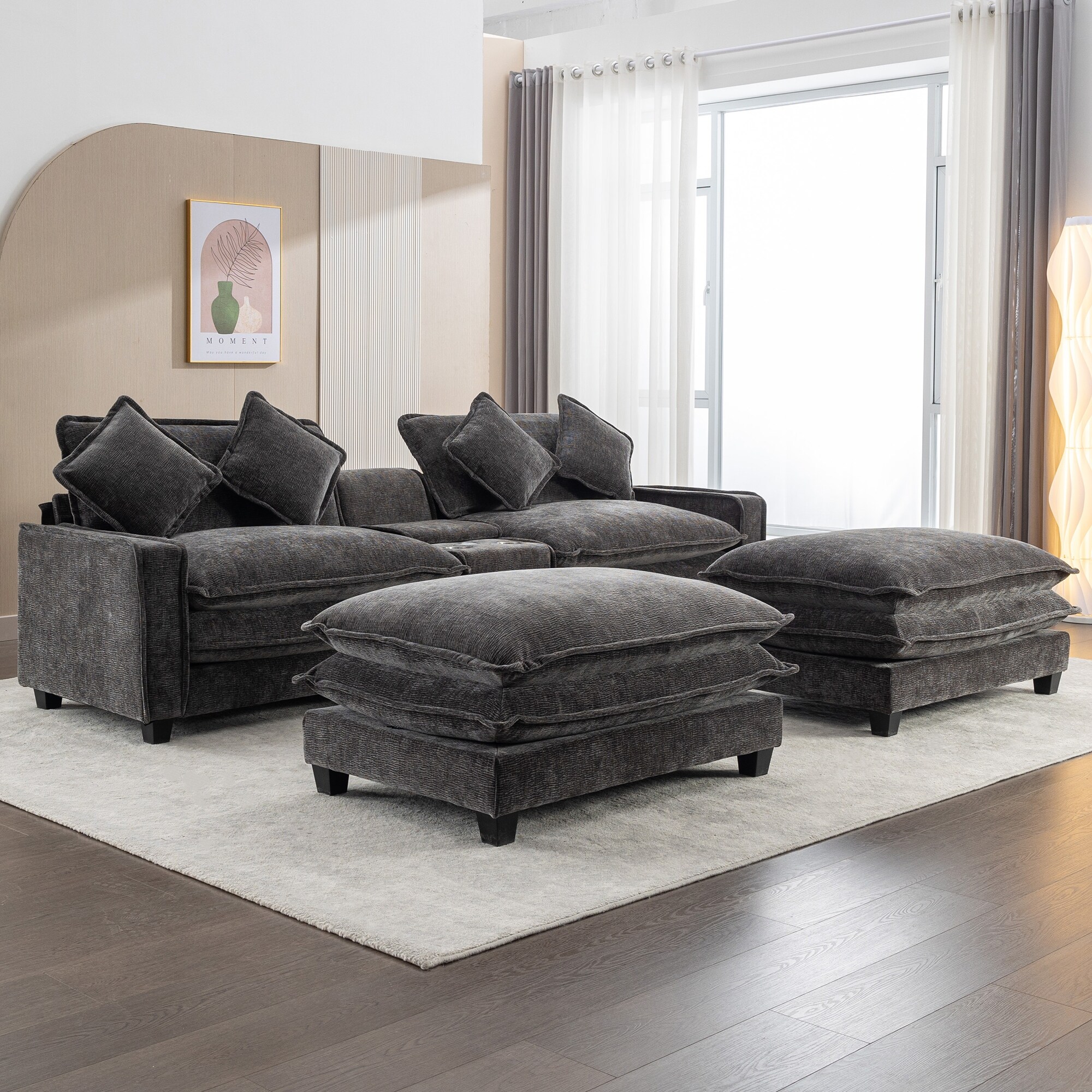 Oversized Loveseat Deep Seat Leisure Couch with Ottoman Chenille Upholstered Sectional Sofa with USB Ports Cup Holders Black