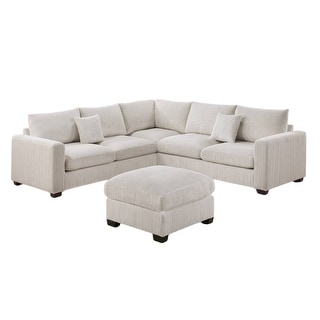 Rey 4pc L Sectional Sofa Set, 2 Accent Pillows, Ivory Corduroy Fabric ...