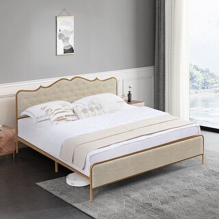 King-Size Upholstered Platform Bed with Buckle Shaped Headboard - Bed ...