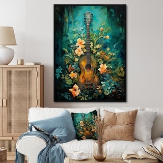Designart "Euphonic Tropical Teal Guitar Music" Music Framed Wall Decor ...