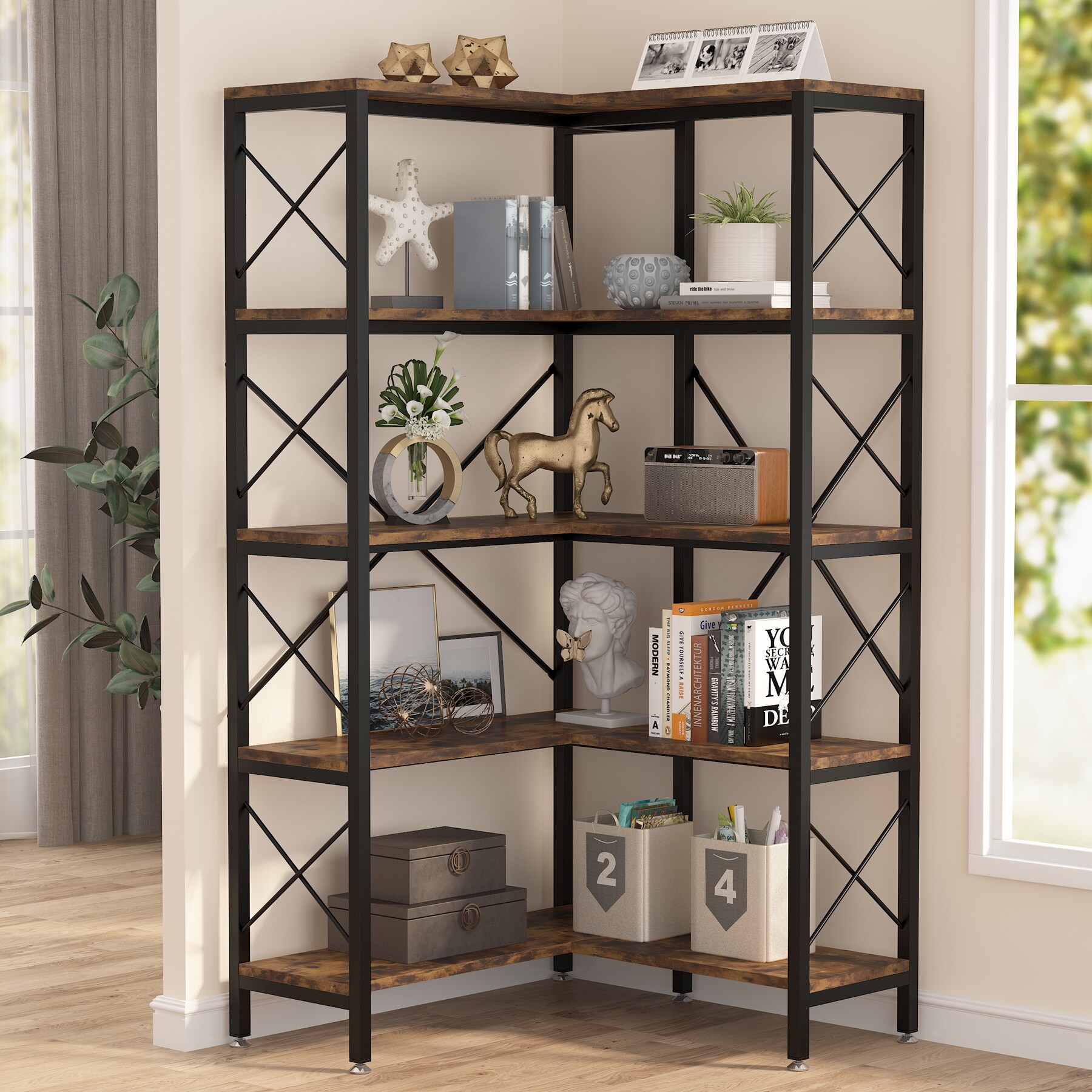 5 Shelf Corner Bookshelf Large Industrial Corner Bookcase Corner Shelf