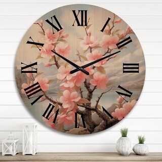 Designart "Peach Blossom" Cherry Blossom Oversized Wood Wall Clock ...