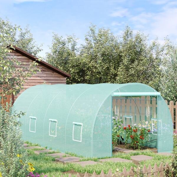 Outsunny Green PE/ Steel 20-foot Freestanding Walk-In Tunnel Greenhouse ...