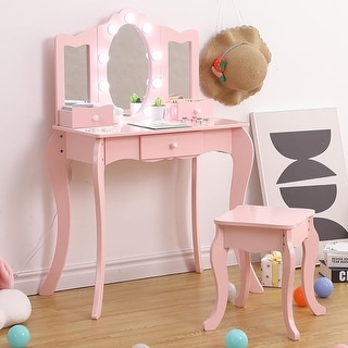Kids Vanity, Girls Vanity Table with Mirror, Light,Stool & Drawer - Bed ...
