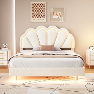 Full Upholstered Smart LED Bed Frame with Flowers Headboard, Floating ...