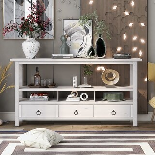 Rustic Solid Console Table Double-Storey Tabletop with Three Drawers ...