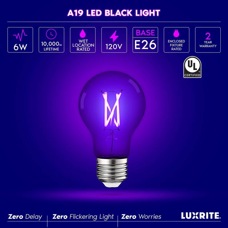Luxrite A19 UV LED Black Light Bulb, 6W, Enclosed Fixture Rated, E26 ... Luxrite A19 UV LED Black Light Bulb, 6W, Enclosed Fixture Rated, E26 ...
