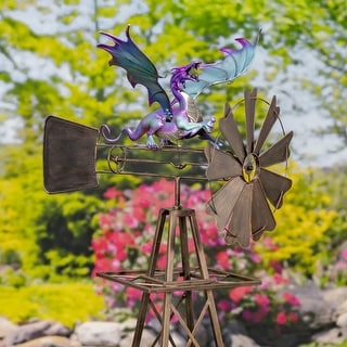 61.8" Tall Iron Windmill with Flapping Iridescent Dragon & Weather Vane ...