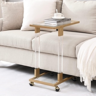 Rolling C-Shaped Acrylic Side Table with Wheels and Tempered Glass ...