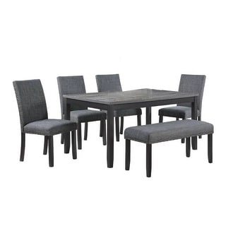 Drake 6 Piece Dining Table Set, 4 Chairs, Bench, Gray Fabric, Black ...