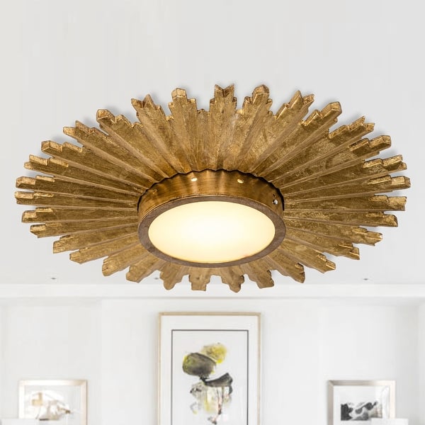 2-Light Gold Modern Handmade Wood Sunflower Shape Flush Mount Ceiling ...