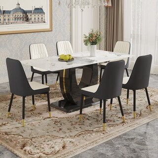 Pandora Pattern Tempered Glass Rectangular Dining Table and 6 PU Chairs,7-Piece Dining Set - Bed ...