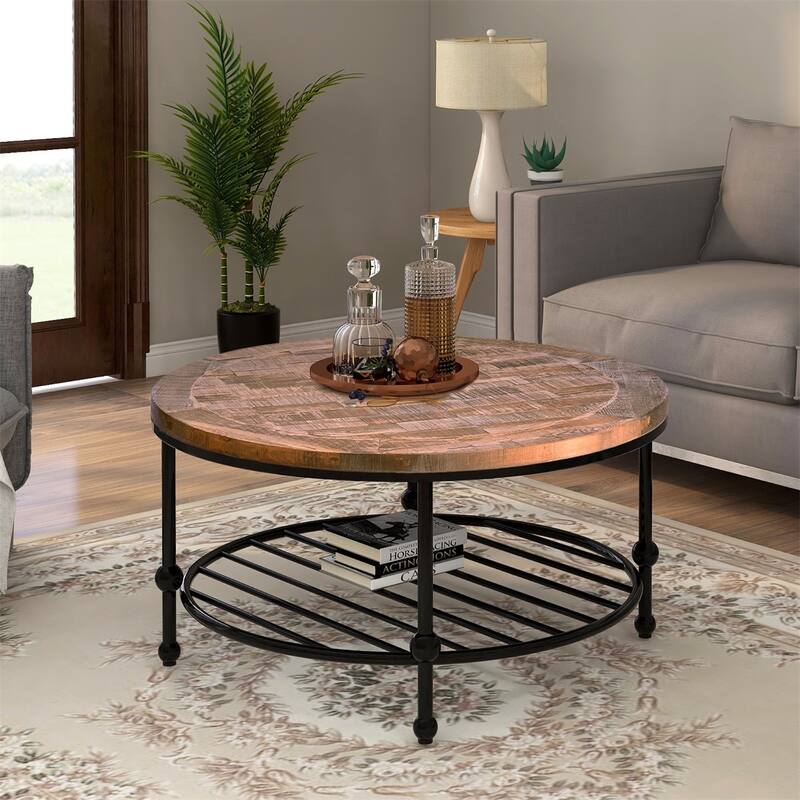 Merax Rustic Natural Round Coffee Table with Storage Shelf - Brown ...