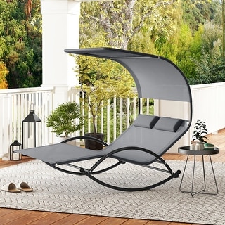 Gymax Outdoor Double Chaise Rocker Rocking Daybed Sun Lounger w/ Sun ...
