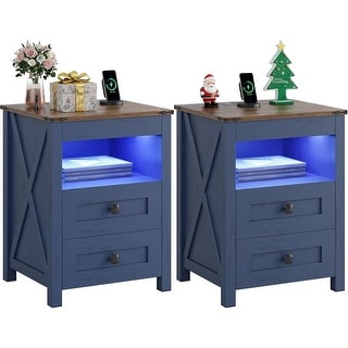 Farmhouse LED Nightstand Set of 2 with Wireless Charging, Human Sensor ...