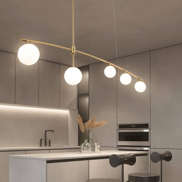 5-Light Modern Linear Pendant Light with Frosted Glass Shades - Brass ...