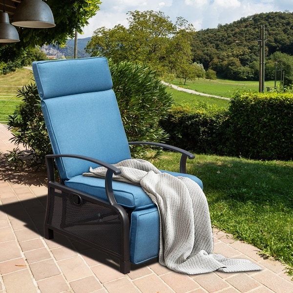 Adjustable Patio Recliner Chair Metal Outdoor Lounge Chair with Flip Table Push Back Blue
