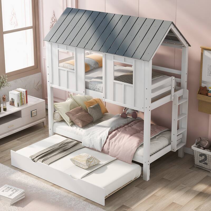 Twin Over Twin Pine House Bunk Bed With Trundle Equipped With Roof