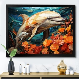 Designart "Dolphin Marine Symphony Geometric" Animals Framed Wall Decor ...