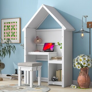 Cute Kids Table and Chair Set, House-Shaped Desk with Small Storage ...