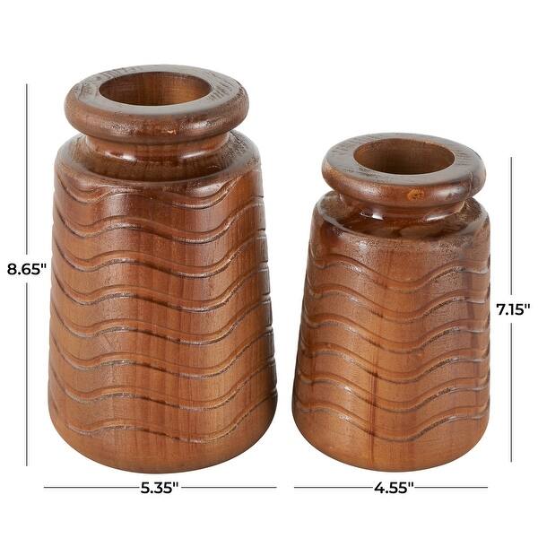 Brown Wood Decorative Vase with Carved Wavy Designs (Set of 2) - Bed ...
