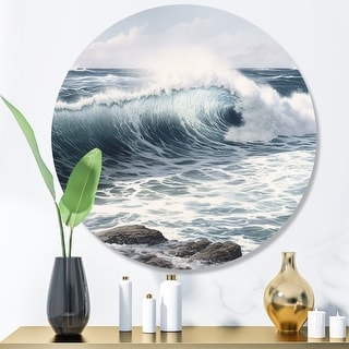 Designart "Ocean Wave Movement II" Modern Landscape Beach Metal Round ...
