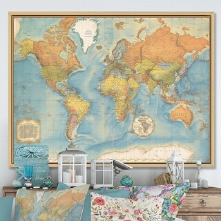 Designart "Vintage World Map I" World Map Framed Wall Art Prints - On ...