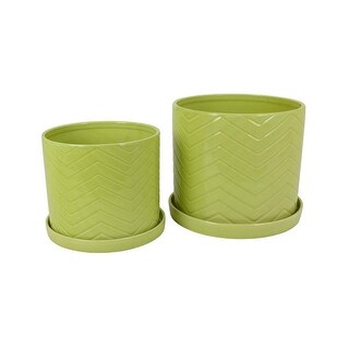 12 Inch Ceramic Planter Set of 2 with Saucer, Chevron Design, Green ...