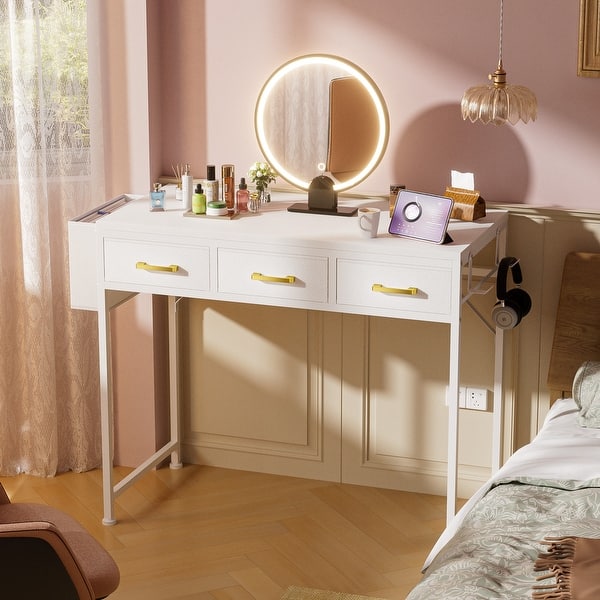 Small White Computer Desk with 3 Fabric Drawers for Home Office Bedroom ...