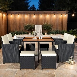 All-Weather Patio Furniture PE Wicker Dining Table Set with Wood ...