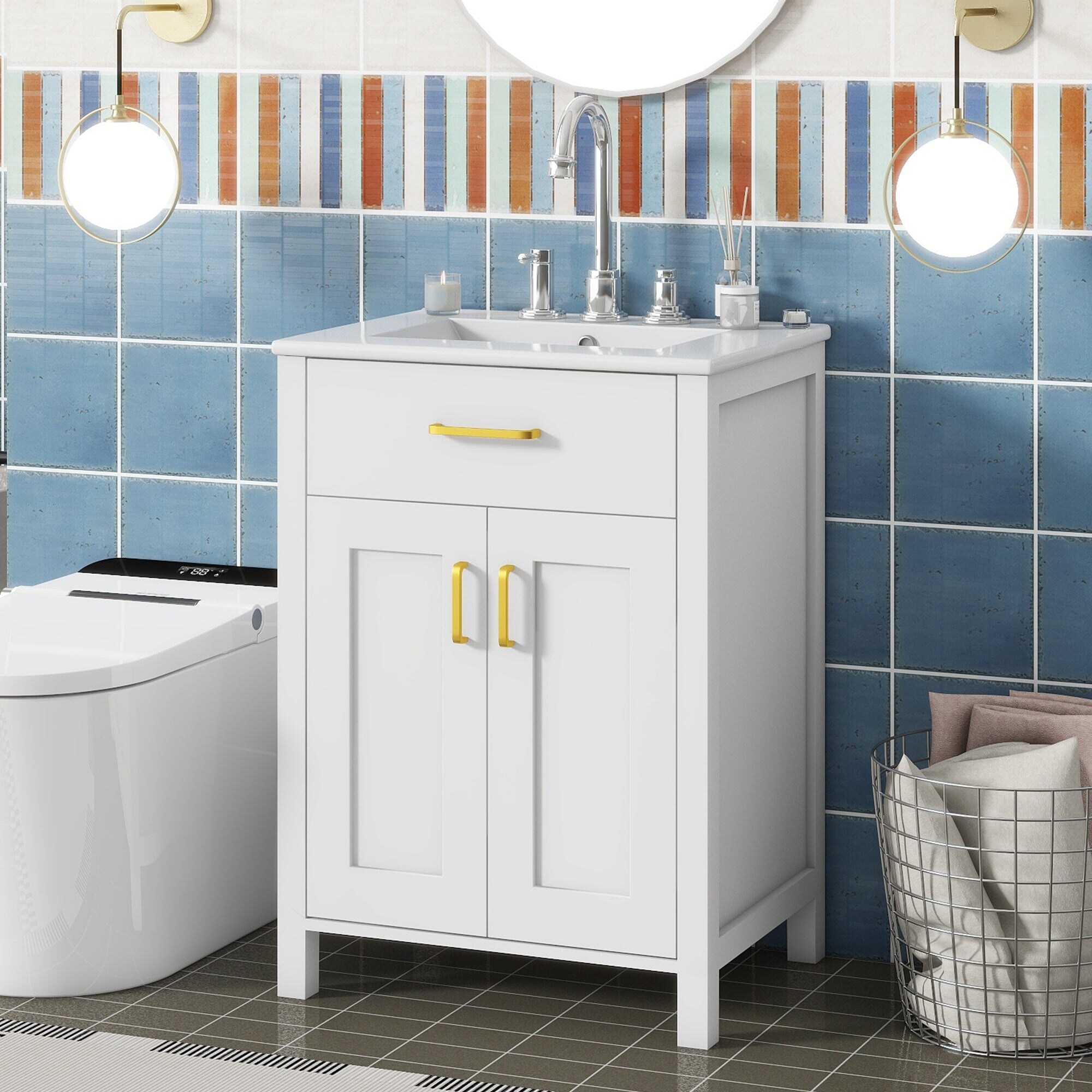 24 inch MDF Freestanding Bathroom Vanity Set with White Drop in Ceramic Sink