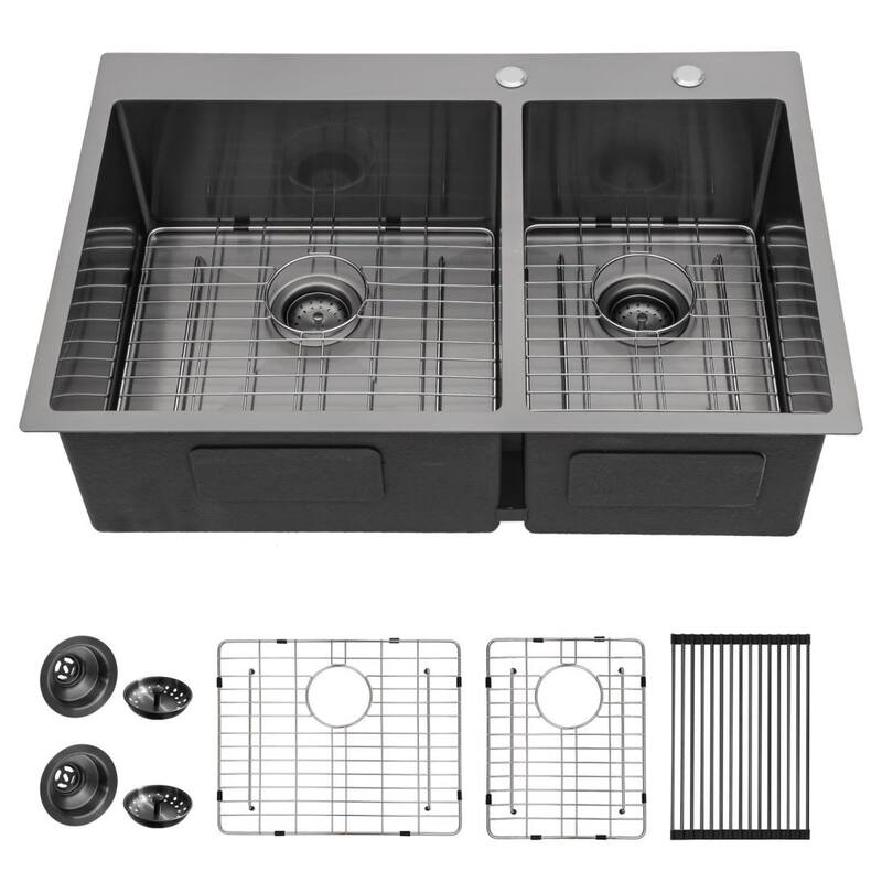 Lordear 16 Gauge Top Mount Gunmetal Black Double Bowl Stainless Steel ...
