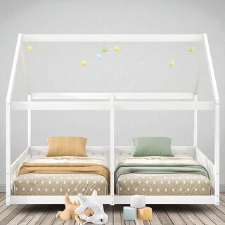 Twin Size House Platform Bed with Side-by-Side Beds and Roof Design ...