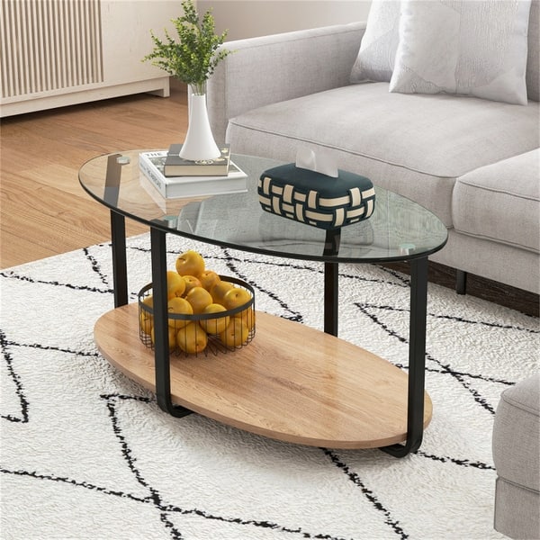 2-Tier Glass-Top Oval Coffee Table with Wooden Shelf for Living Room ...