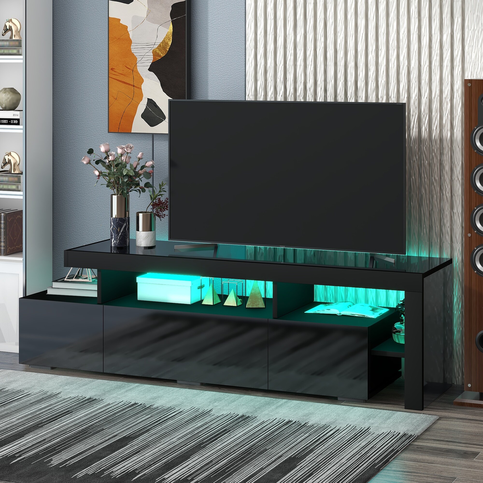Black 16 Colored LED Lights TV Cabinet with Ample Storage Space and Remote Control High Gloss Surface Entertainment Center Bed Bath Beyond 38353676