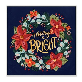 Stupell Merry And Bright Calligraphy Floral Poinsettia Wreath Wood Wall ...