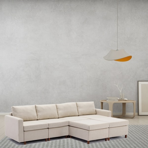 4 Seat Linen Fabric Sofa Set U-shape Module Couch Set w/ 2 Ottoman ...