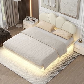 Beige Full Size Pu Leather Floating Platform Bed, Led Lights, Soft Foam ...