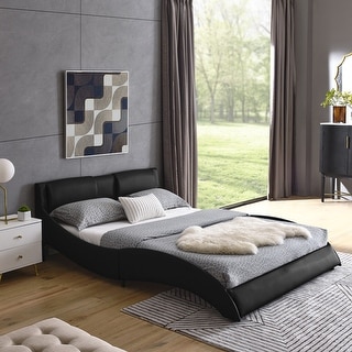 Queen Wave Like Curve Low Profile Bed Frame,Faux Leather Upholstered ...