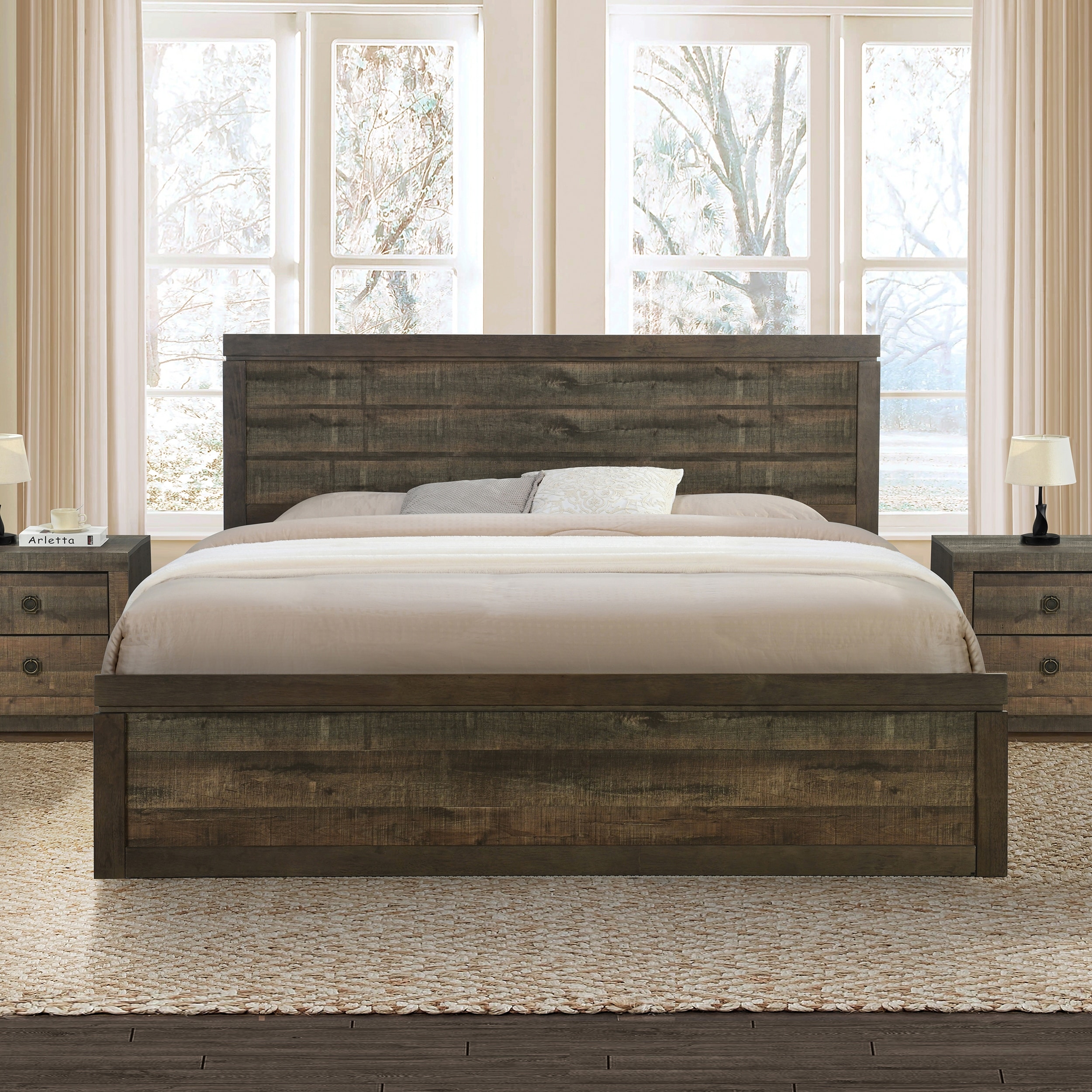King Size Bed Fram Rustic Brown Platform Panel Bed Natural Pineood Grain Headboard Footboard No Box Spring Needed